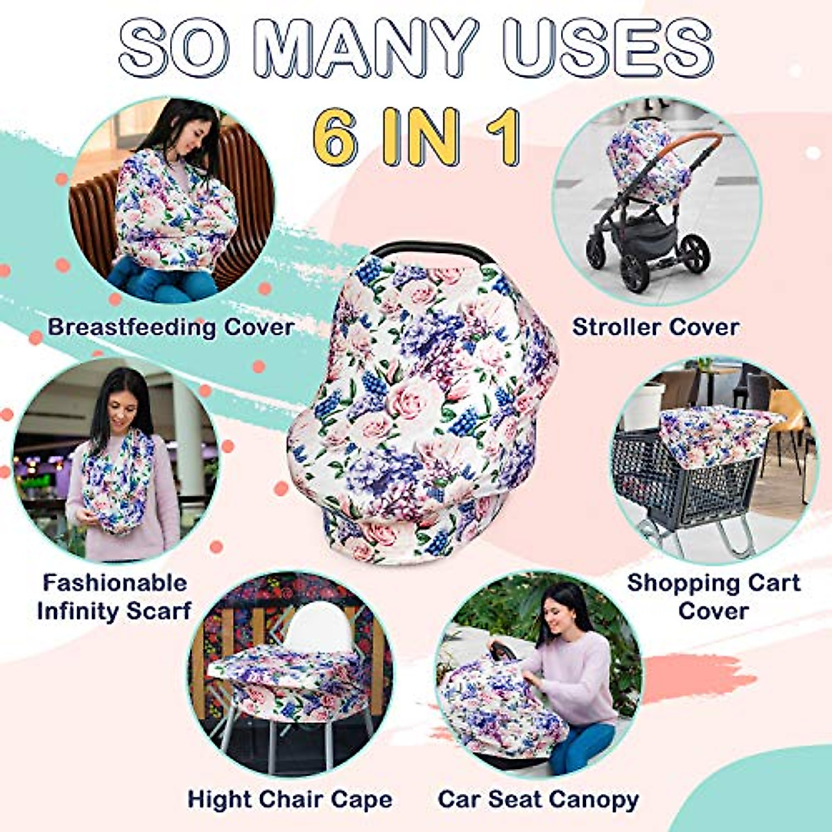 Multi Use Nursing Breastfeeding Cover Scarf-Car Seat Canopy by Busy Monkey-Shopping Cart-High Chair-Stroller and Carseat Covers for Boys and Girls-Infinity Stretchy Shawl-Baby Shower-Floral