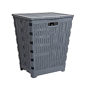 Mind Reader 61L Foldable Laundry Hamper, Clothes Basket, Lid, Wicker Design, Plastic, 18"L x 14.5"W x 21.25"H, Gray