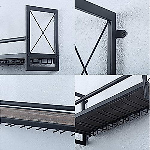 MBQQ Industrial Wine Racks Wall Mounted with Stemware Racks,23.6in Rustic Metal Hanging Wine Holder,Bottle Holder with 7 Stem Glass Holder,Metal&Wood Shelves Home Decor Wall Shelf