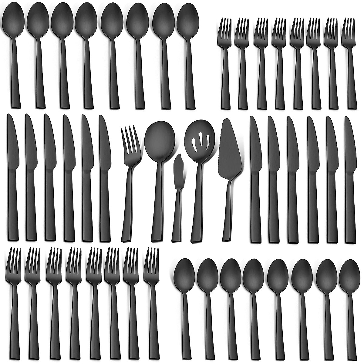 LIANYU 65-Piece Matte Black Silverware Set with Serving Utensils, Stainless Steel Flatware Cutlery Set for 12, Square Tableware Eating Utensils Set for Wedding Home, Satin Finish, Dishwasher Safe