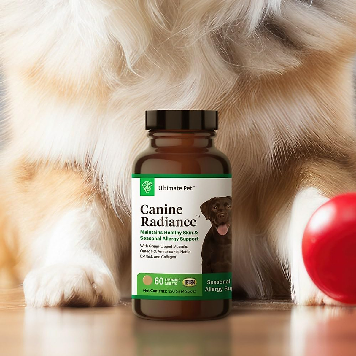 ULTIMATE PET NUTRITION Canine Radiance Skin Allergy Support Supplement for Dogs, Omega-3 Skin Hydration, Antioxidants to Prevent Itching and Strengthen Coat, 60 Chewable Tablets