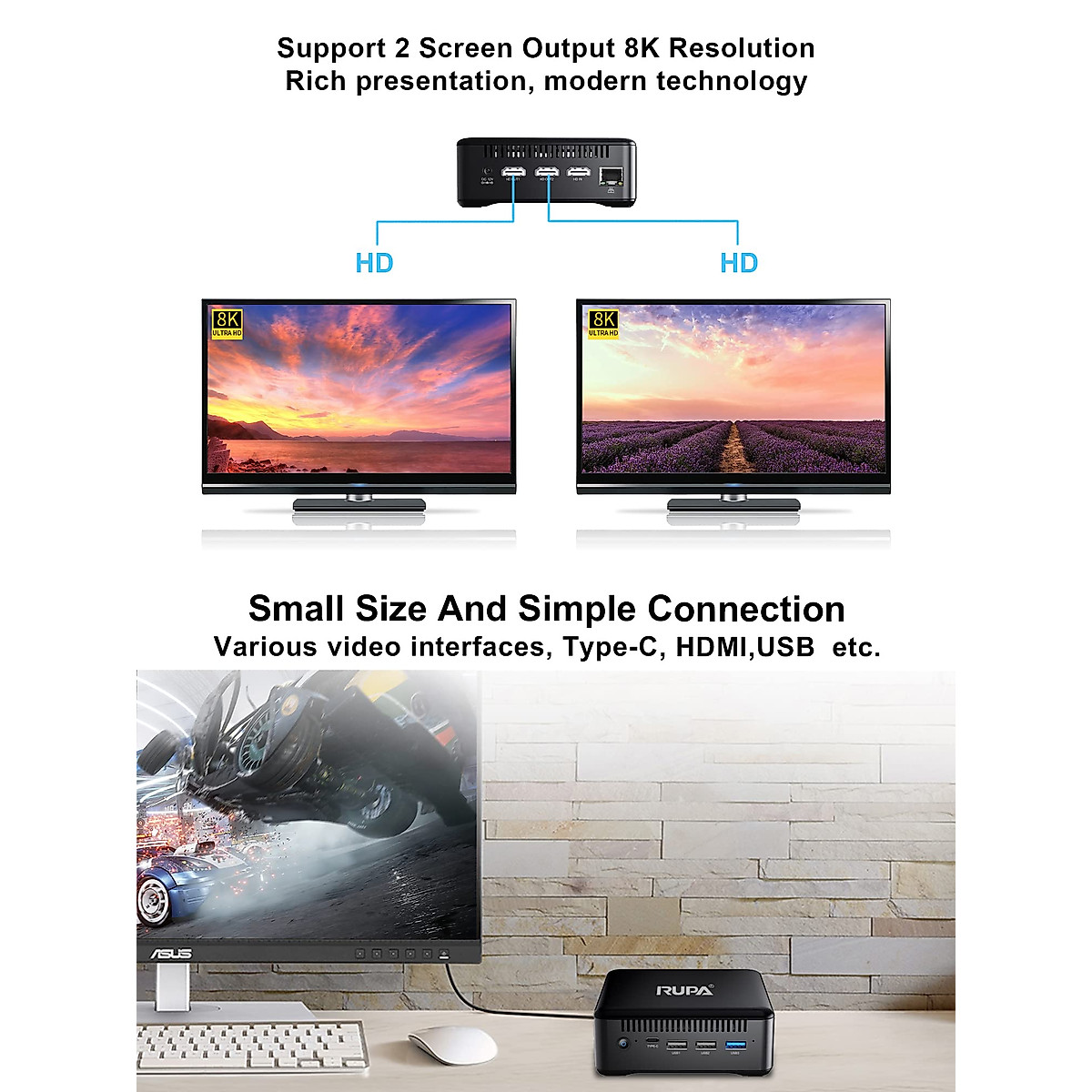 Mini Computer 8GB RAM 64GB ROM 8K Android TV Box RK3588 Chipset Support WiFi6 1000M Ethernet 6Tops NPU VESA for Office/Study/Home/Business Mini Desktop Computer Black