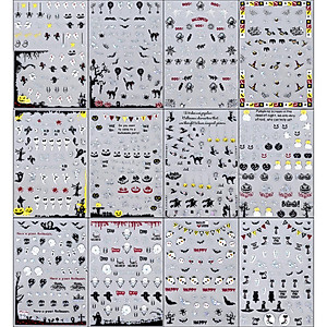 JMEOWIO 12 Sheets Halloween Nail Art Stickers Decals Self-Adhesive Pegatinas Uñas Skull Ghost Witchy Spider Web Bat Pumpkin Spook Nail Supplies Nail Art Design Decoration Accessories