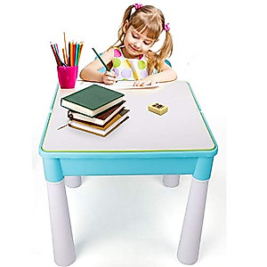 burgkidz Kids 5-in-1 Multi Activity Table Set - Building Block Table with Storage - Play Table Includes 1 Chair and 130 Pieces Compatible Large Bricks Building Blocks for Ages 2 and Up (Blue)