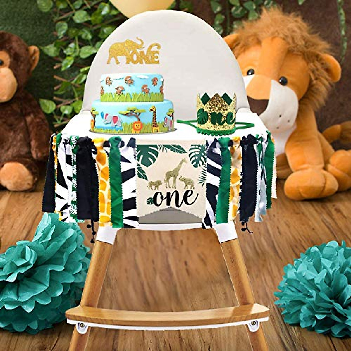 Baby 1st Birthday Party Decorations Supplies For Boy Girl Kids First Birthday Shower Jungle Safari Theme With Wild One Highchair Banner Crown Cake Topper Set of 3