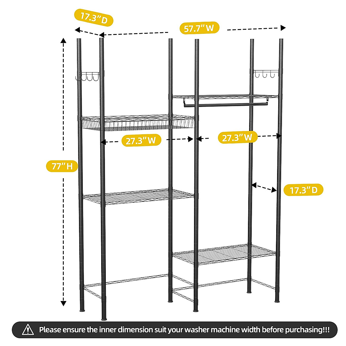 UEAKPIC Over Washer and Dryer Shelves, Laundry Room Space Saver Deepening Bathroom Storage and Organizer Storage for Hanging Towels or Drying Clothes, 57.68”W X 17.32”D X 77”H, Black