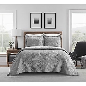 New York & Company Babe 3 Piece Cotton Quilt Set Geometric Floral Pattern Bedding - Pillow Shams Included, Queen, Grey