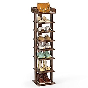 Flydem Vertical shoe rack tower slim entryway stand narrow tall 8 Tiers wooden modern organizer saving space storage (color:Rustic brown)