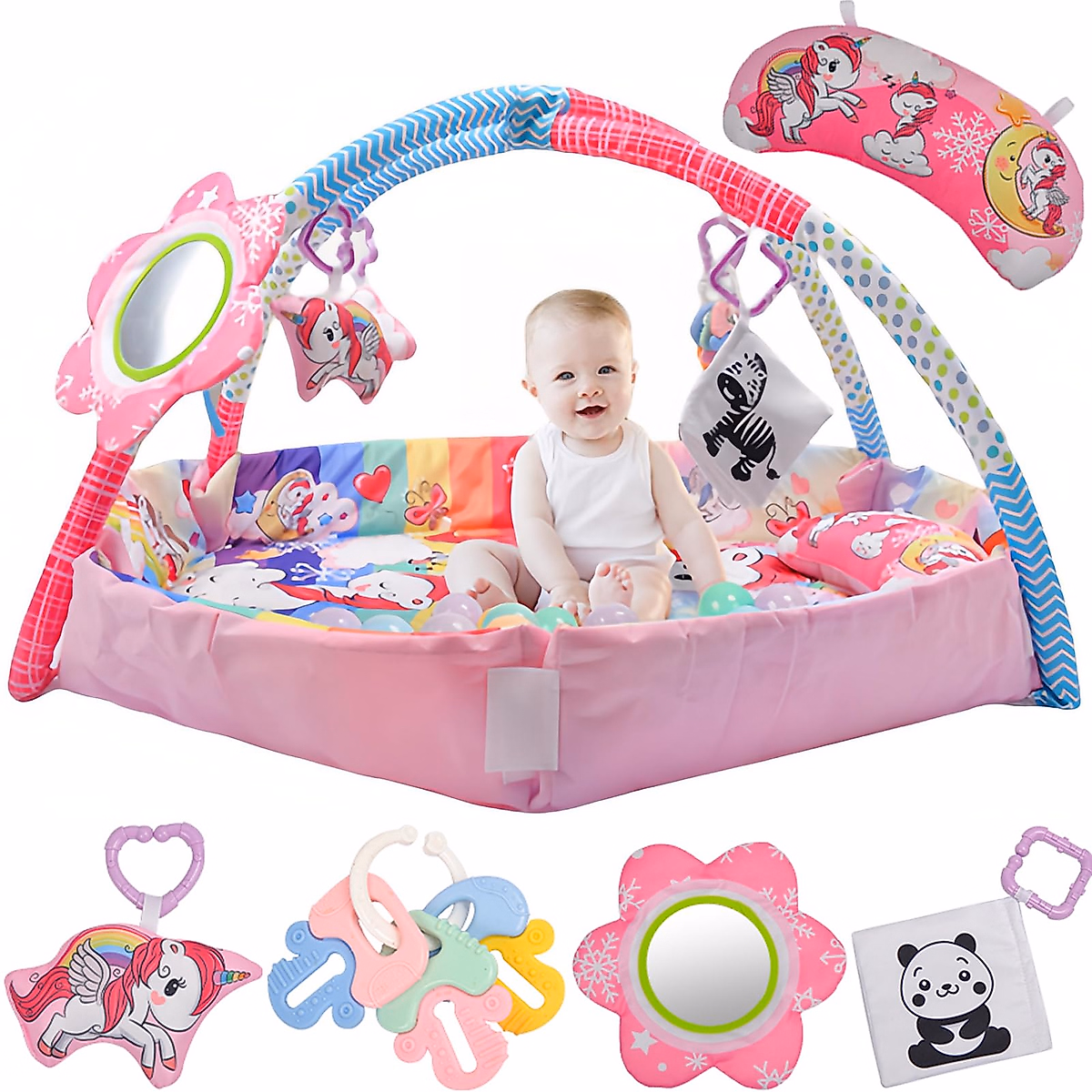 BATTOP Baby Activity Gym Play Mat,Tummy Time Mat Baby Gym with Sensory Rattle Toys&Tummy Time Pillow,for Sensory Motor Skill Development,Newborn Shower Gift