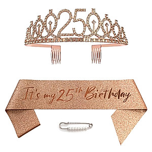 Ceqiny 25th Birthday Sash Tiara and Crowns for Girls, Birthday Queen Rose Gold Tiara, Princess Tiara Rhinestone Headbands with Combs Bridal Wedding Tiaras for Wedding Prom Bridal Party Christmas