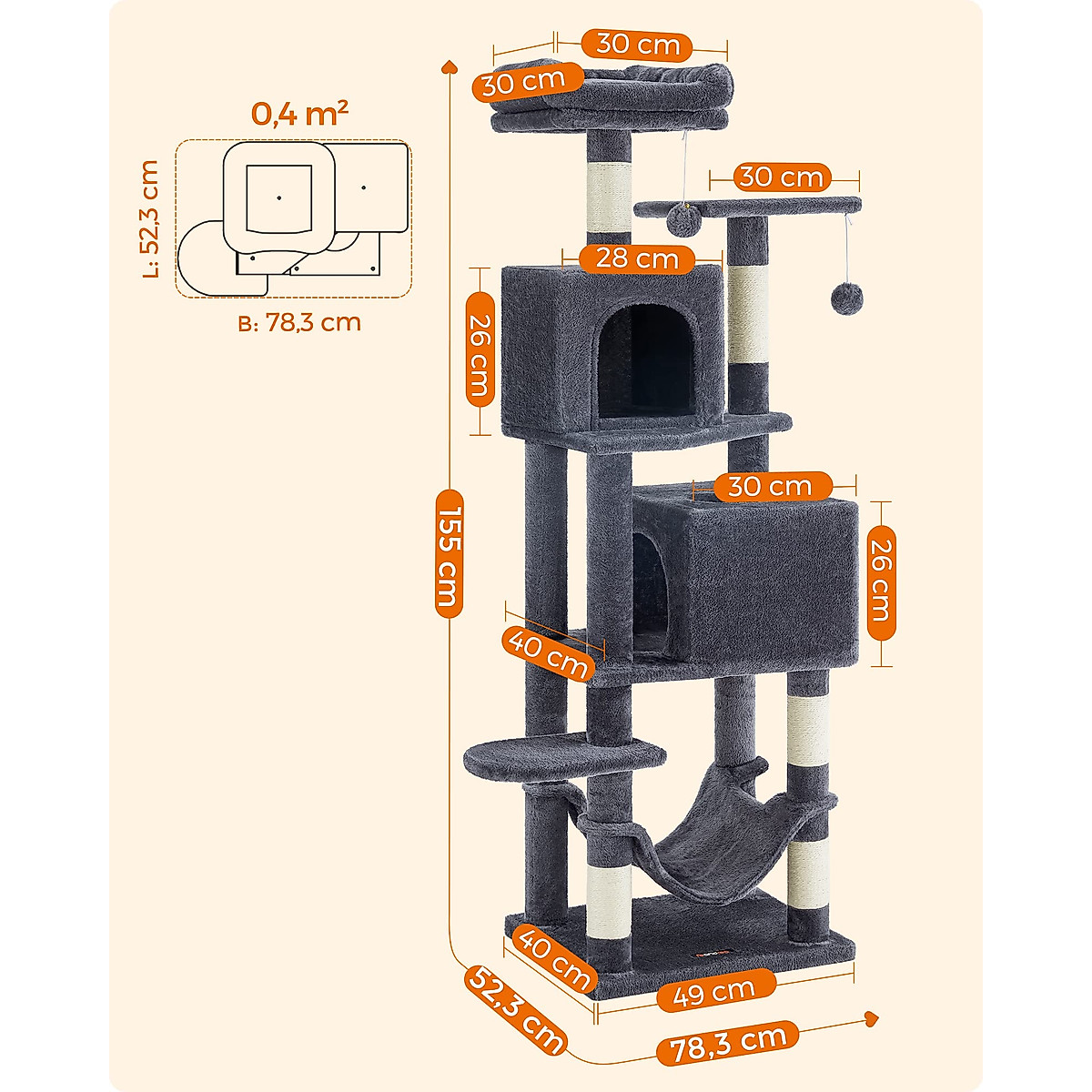 Feandrea Cat Tree, 61-Inch Cat Tower for Indoor Cats, Plush Multi-Level Cat Condo with 5 Scratching Posts, 2 Perches, 2 Caves, Hammock, 2 Pompoms, Smoky Gray UPCT192G01
