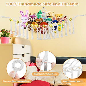 TATUFY Stuffed Animal Net or Hammock with LED Light, 55*41*41'' Plush Toys Hanging Corner Net, Handmade Boho Toys Storage Hammock Holder with Wood Beads, Tassels, Hooks (White)