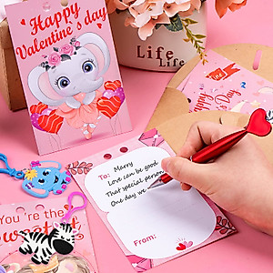 64 Valentines Day Cards with Animal Key Chains, Valentines Exchange Gifts Pendant Greeting Cards for Kids Teacher Prizes Activity Farmland Classroom Party Favors Decorations