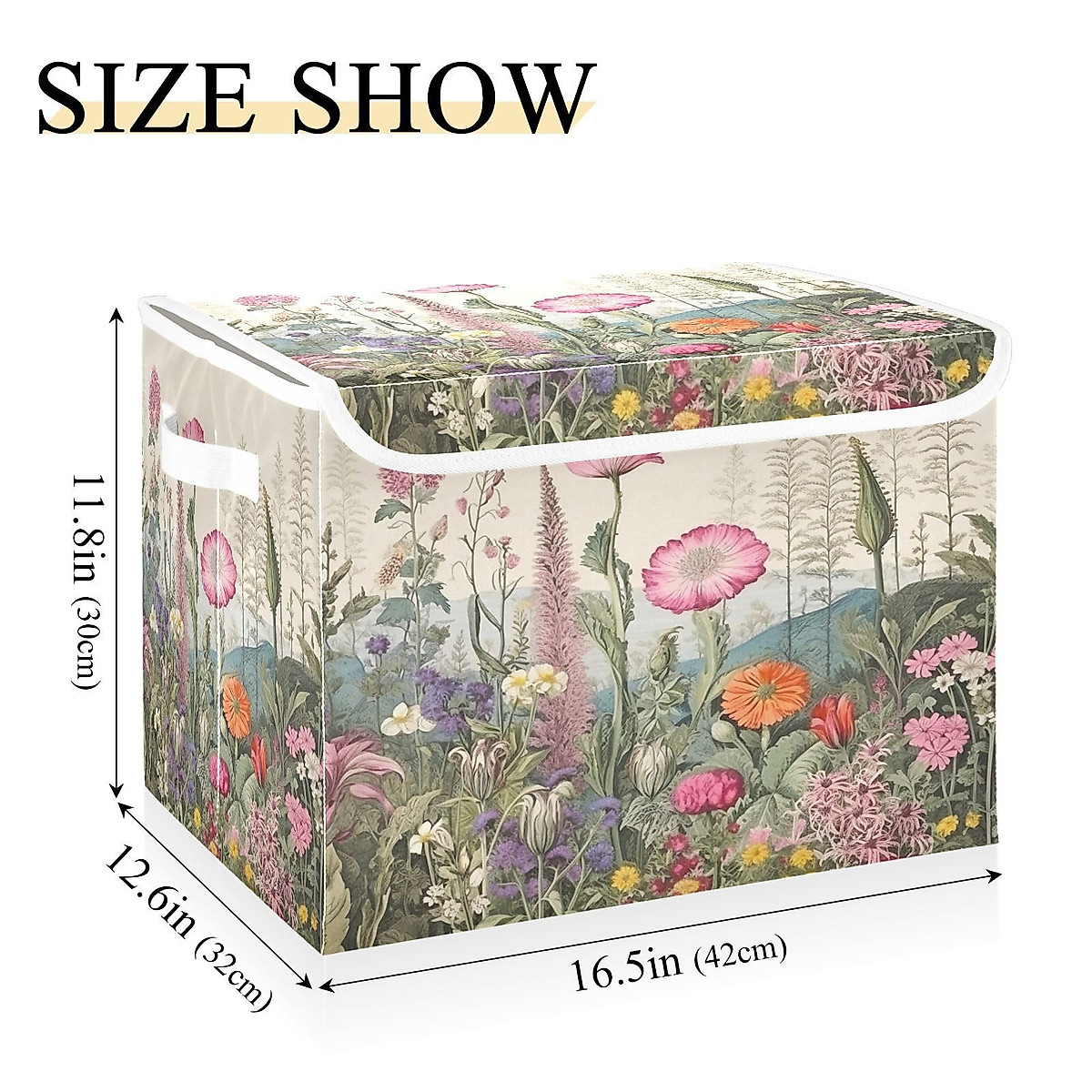 xigua Storage Basket Wildflowers Storage Boxes with Lids and Handle, Large Storage Cube Bin Collapsible for Shelves Closet Bedroom Living Room, 16.5x12.6x11.8 Inch