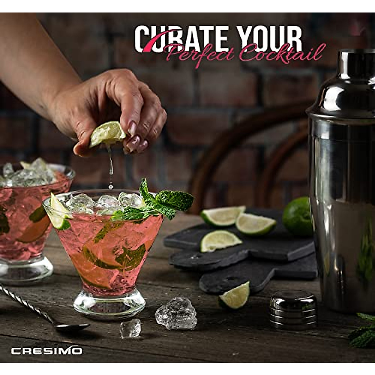 24oz Cocktail Shaker Set Bartender Kit with 2 Stemless Martini Glasses - The Perfect Mixology Home Bar Set Gift - Large Drink Mixer and Bar Accessories: Jigger, Bar Spoon and Martini Glasses - Cresimo