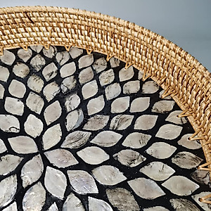 13 Inch Rattan Serving Basket with Shine MOP Black Flat Bottom, Handmade Wicker Coffee Table Serving Tray Décor Circle with 2 Inch Wall, Boho Round Woven Basket Tray for Ottoman, Vanity, Exxacttorch