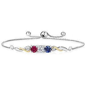 Gem Stone King 925 Sterling Silver and 10K Yellow Gold Customized and Personalized 3 Gemstone Birthstones and White Lab Grown Diamond Tennis Bracelet For Women Adjustable up to 9 Inches