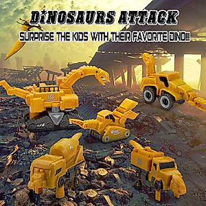 SLENPET 5 in 1 Dinosaur Transforming Robot Toys Set, Magnetic Assemble into Emulation 14.5 inches Large Robot Figures, 5 Construction Trucks & Dinosaurs for Boys, Kids Ages 3 and Up