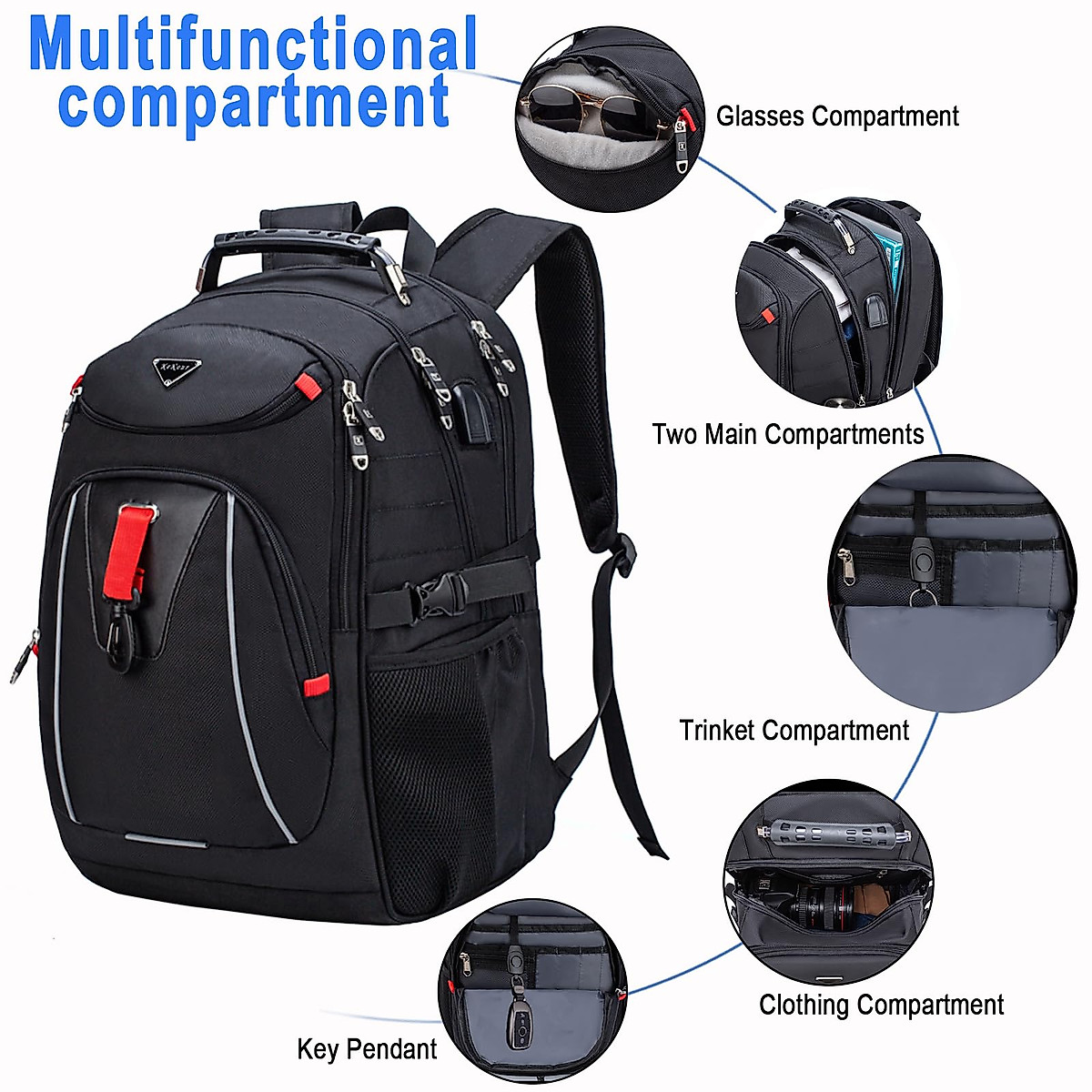 KeKour Travel Laptop Backpack, Extra Large 52L School Laptop Backpacks for Men Women, Water Resistant College School Bookbag Business Work Bag with USB Charging Port Fits 17,3 Inch Computer