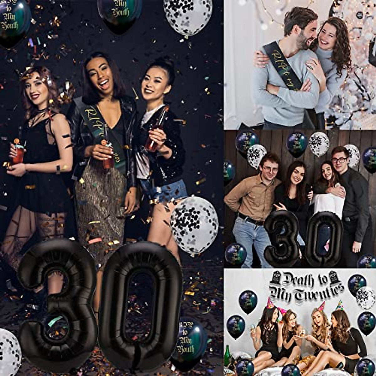 Death to My 20s Decorations, 30th Birthday Decorations for Him with Rip to My 20s Sash,30 Number Balloons Death to My Twenties Banner,Black and White Foil Balloons