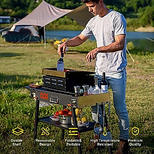 OOX Portable Grill Table with Double-Shelf for Outdoor Prep,Folding Grill Stand Fits Blackstone Griddle 17 Inch 22 Inch, Tabletop Propane Gas Grill, Camping BBQ Cooking, Stainless Steel, Black