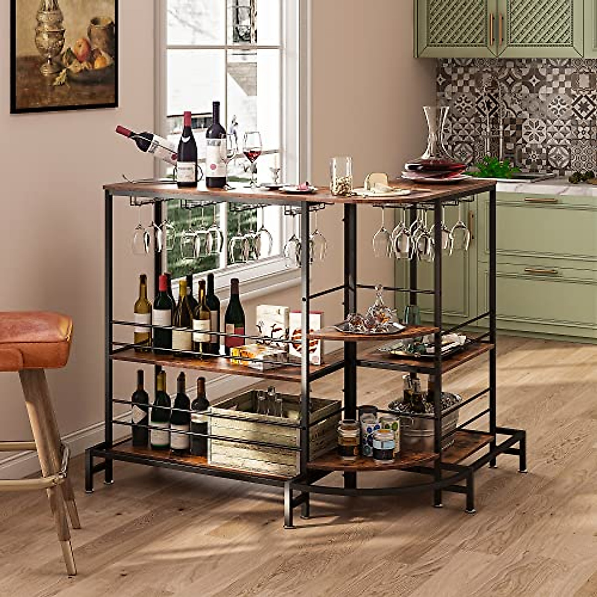 kepptory L-Shape Bar Table, 3-Tier Liquor Bar Table with Storage & Glasses Holder & Footrest, Farmhouse Wine Bar Cabinet for Home, FreeStanding Sideboard and Buffet Cabinet, Retro Brown