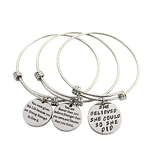 3 Pack Women Engraved Message Inspirational Words Round Charm Bracelets Set Expandable Silver Plated Stainless Steel Motivational Bangle Bracelet 3 Pic Set