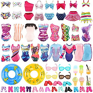 Lot 26 Pack Doll Clothes and Accessories Beach Bathing Set Including 5 Swimsuit 1 Bathrobe 2 Swimming Rings with 18 pcs Glasses Shoes Drinks for 11.5 inch Girl Dolls