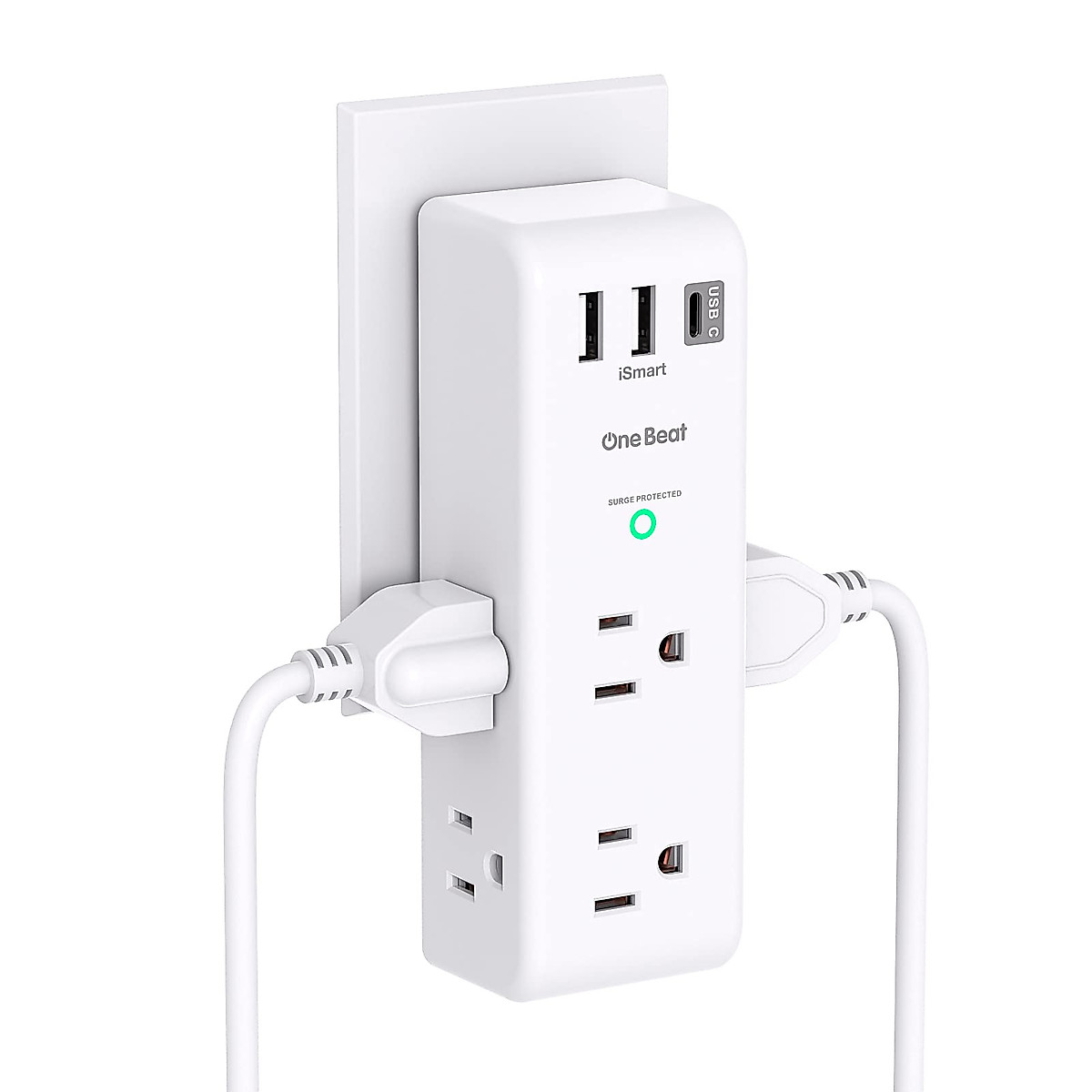 One Beat Flat Plug Power Strip + Rotating Plug Surge Protector, Multi Plug Outlet with USB and USB C Ports