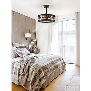 LEDIARY 16.5 inch Black Caged Ceiling Fan with Light, Bladeless Industrial Ceiling Fan with Remote, Farmhouse Fan Lights Ceiling Fixtures for Kitchen, Bedroom, Outdoor（6 Speed, Timing）-Black