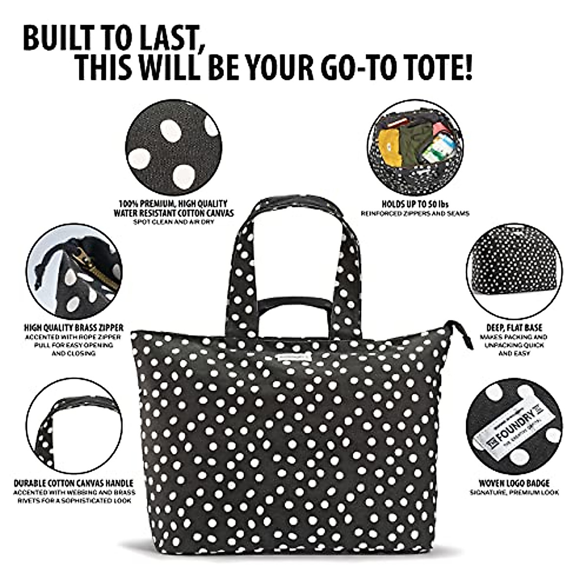 Foundry by Fit + Fresh, All The Things Tote Bag, Luggage, Travel Duffle Bag, Weekender Bags for women, and Beach Bag, B&W Dot extra large