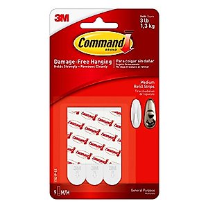 Command Medium Refill Adhesive Strips, Damage Free Hanging Wall Adhesive Strips for Medium Indoor Wall Hooks, No Tools Removable Adhesive Strips for Living Spaces, 9 White Command Strips
