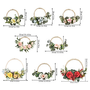 LPAYOK Artificial Peony Flower Wreath, Wood Bead Floral Eucalyptus Wreath for Front Door, Spring Flowers Garland Farmhouse Hoop Wreaths for Wall Window Indoors Home Decoration, Green, 35cm/13.65in