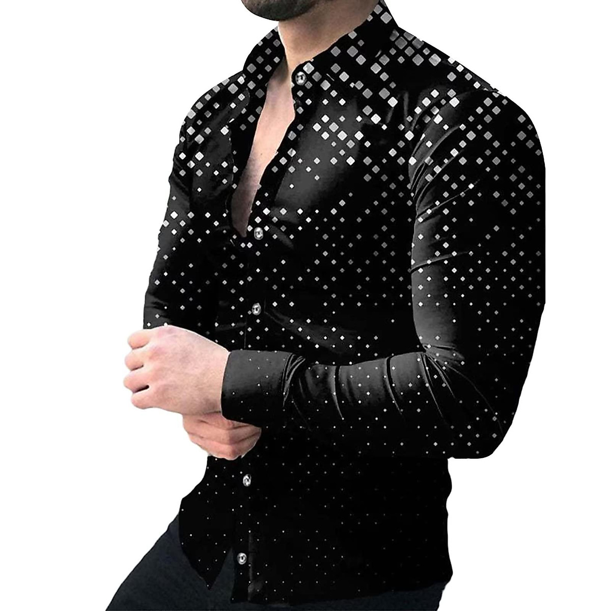 Aulemen Men's 3D Printed Dress Shirts for Party Long Sleeve Regular Fit Button Down Shirts M