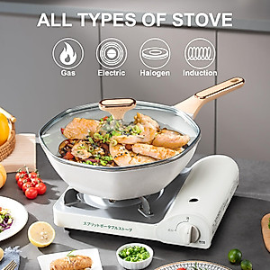 FNT Non Stick Deep Frying Pans with Lid, Octagonal Wok Pan 11 inch, Granite Saute Pan for Cooking, Skillet Induction Cookware with Heat-Resistant Handle