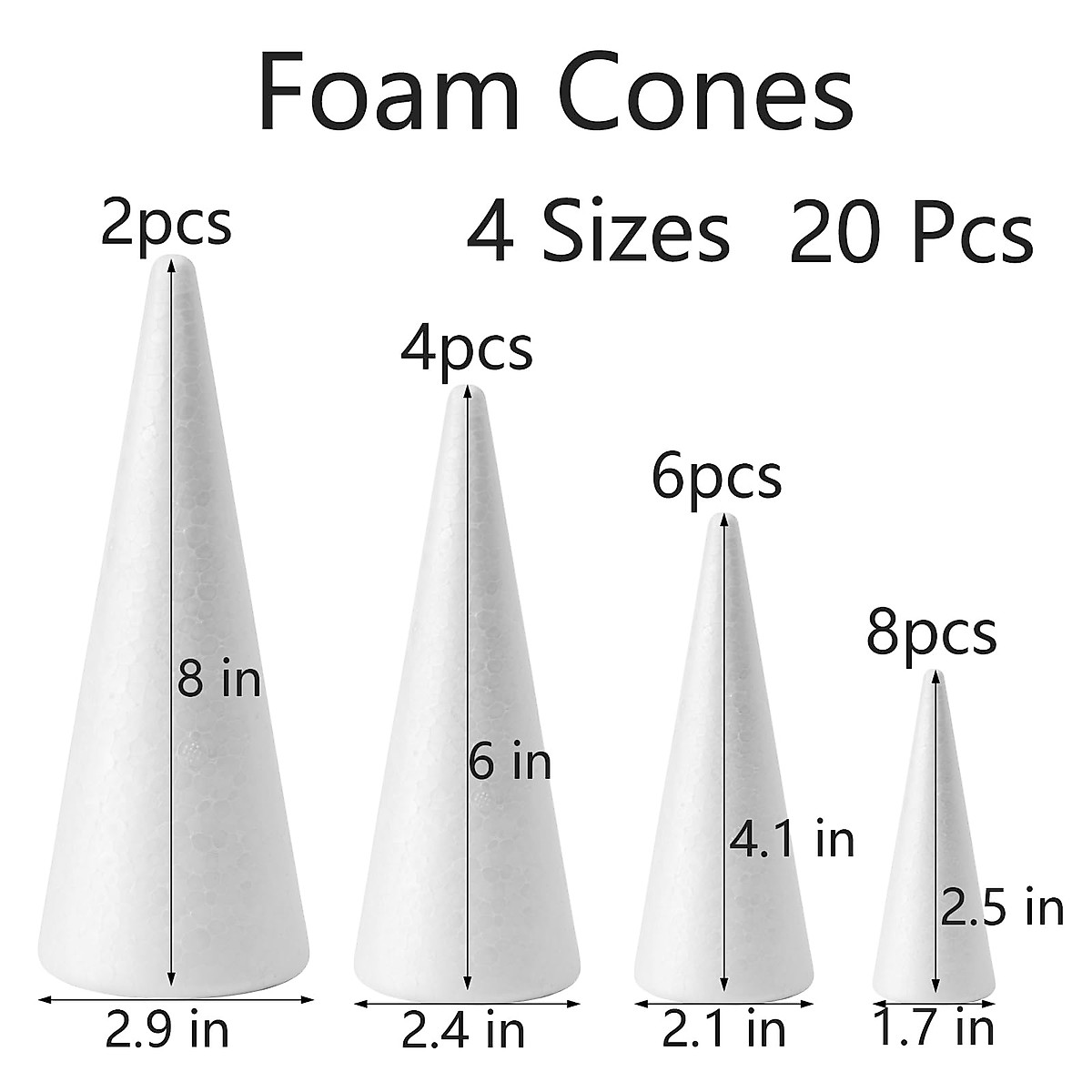 FFchuanhe 20-Pack Craft Foam Cones, Foam Tree Cones, Assorted Sizes Cones Shaped Foam (2.5,4,6,8in), for Arts and Crafts, Christmas Tree, School, Wedding, Birthday, DIY Home Craft Project