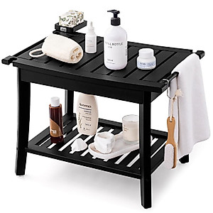 Oyydecor Premium Bamboo Shower Bench, Waterproof Shower Stool with Storage, Handles, and Towel Shelf, Wood Shower Chair for Inside Shower & Outdoor Use