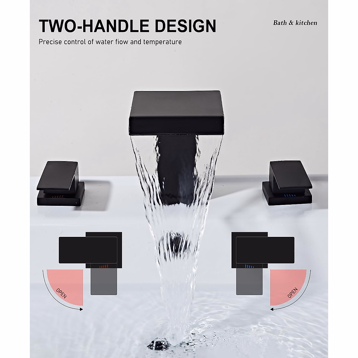 Sankecao Bathroom Sink Faucet Black - Bathroom Faucets for Sink 3 Hole Waterfall Bathroom Faucet with Metal Pop-up Sink Drain Stopper and 2 Supply Hoses…