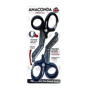 2 Pack Anaconda Medical Trauma Shears with Built-In Carabiner Clip (7.5 inch, Black and Blue)