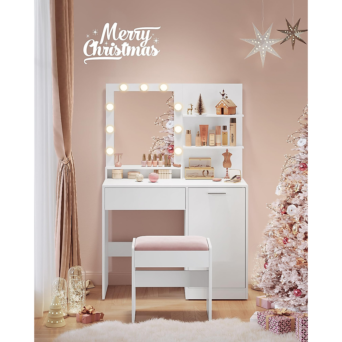 VASAGLE Vanity Desk with Mirror and Lights, 35.4-Inch Wide Makeup Vanity with Upholstered Vanity Stool, Power Outlets, Dimmable LED Lights, Storage Drawer, for Bedroom, Cloud White URDT128W01