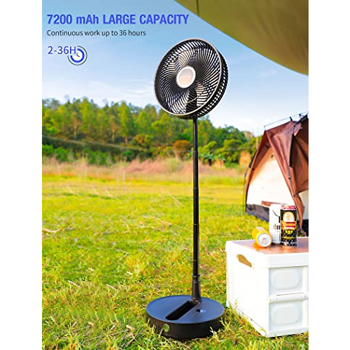 Airbition 12-Inch Rechargeable Oscillating Foldaway Pedestal Fan with Remote, Timer, 8-Speed, 7200mAh Battery Operated Cordless Standing Fan Portable for Home Bedroom Outdoor Camping Tent Travel