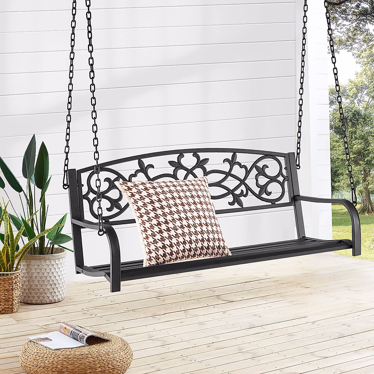 Giantex Patio Metal Porch Swing, 2-Person Hanging Porch Swing Bench with Sturdy Chains & Retro Pattern Backrest, 485 Lbs Weight Capacity Loveseat for Garden, Yard, Front, Outdoor Swing Chairs (Black)
