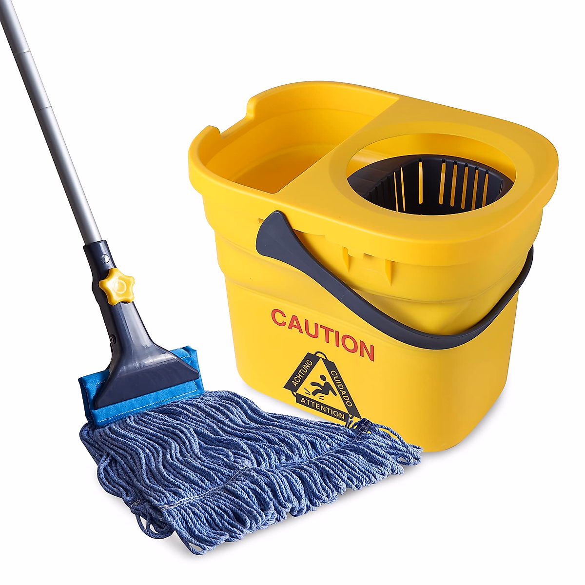 Yocada Commercial Mop Bucket with Wringer Portable Collapsible Plastic Mop Bucket and Looped-End String Wet Mop Heavy Duty Cotton Mop Set Kit