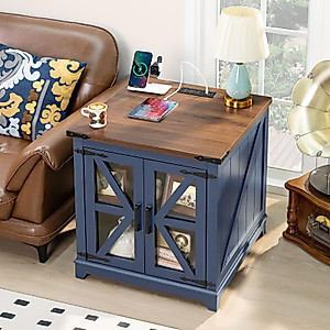 Joaxswe Farmhouse End Table with Charging Station, 24" Large Sofa Side Table with Glass Barn Door, Blue Nightstand with Adjustable Storage Shelf,Wood Square Bedside Table for Living Room,Bedroom