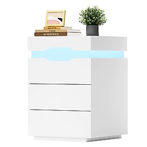 Furniwell LED Nightstand with Charging Station, End Table with 3 Drawers, Night Stand Bedside Table with Sliding Top for Bedroom and Living Room, White
