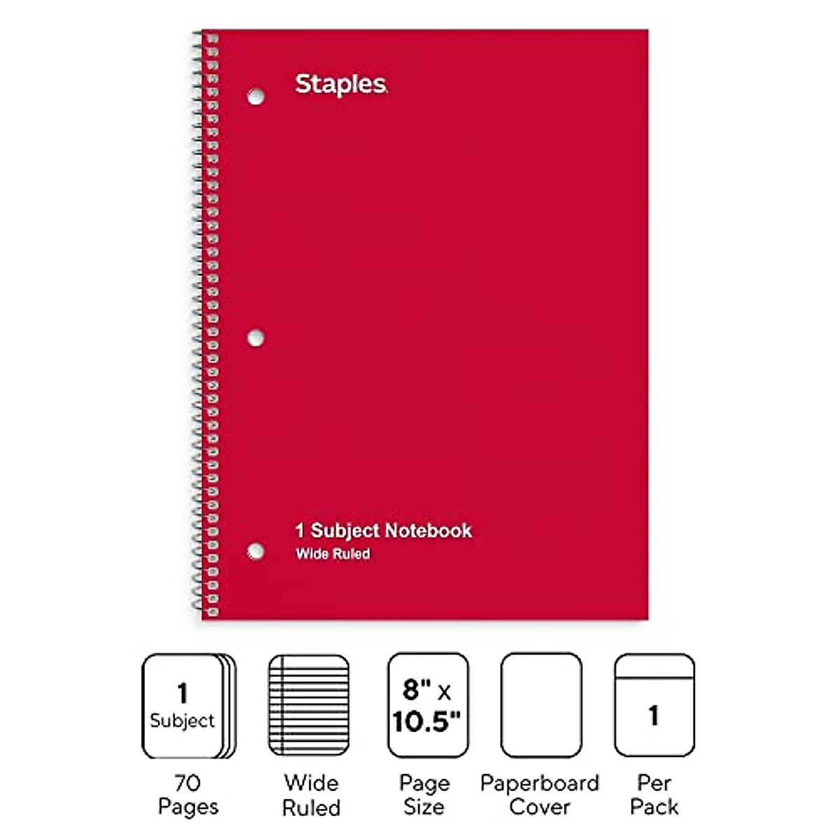 STAPLES 321463 1-Subject Notebook 8-Inch X 10.5-Inch Wide Rule 70 Sh. Assorted (27497M)