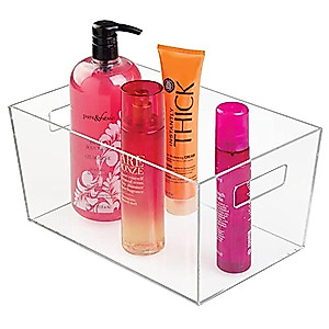 mDesign Plastic Bathroom Organizer Storage Bin with Handles for Organizing Hand Soaps, Body Wash, Shampoos, Conditioners, Hand Towels, Hair Accessories, Body Spray, Mouthwash - Large, 4 Pack - Clear