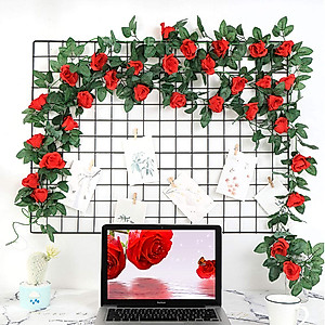 Vopie 4 Pack Fake Rose Vine Flowers Plants 32.2 FT Artificial Flower Hanging Rose Ivy Home Hotel Office Wedding Party Garden Craft Art Decor (Red)