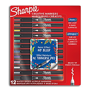 Sharpie Creative Water-Based Acrylic Markers, Brush Tip, Assorted Colors, Pack Of 12 Markers