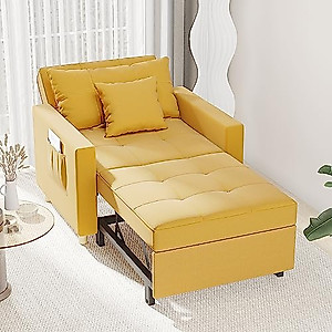 Esright 40 Inch Sleeper Chair Bed 3-in-1 Convertible Futon Chair Multi-Functional Sofa Bed Adjustable Reading Chair with Modern Linen Fabric, Yellow
